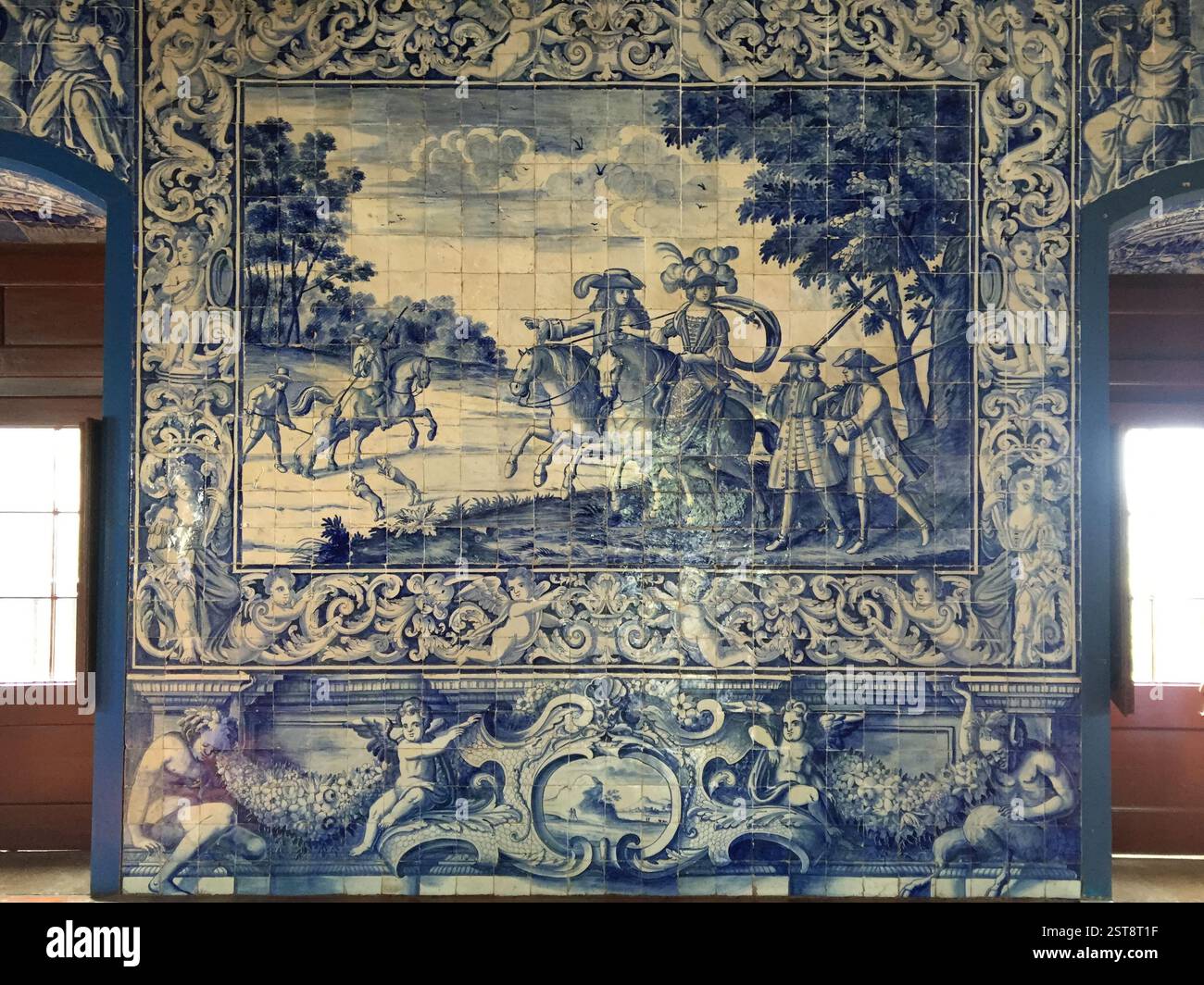 Azulejo tilework. Hunting scene with riders and dogs. Blue and white ...