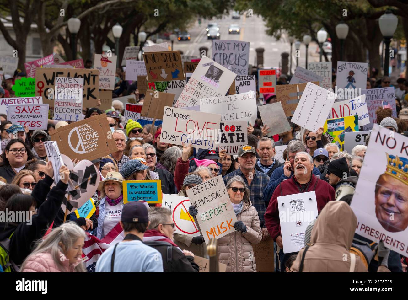 Austin, Texas USA, February 17 2025: Texans carrying homemade protest ...