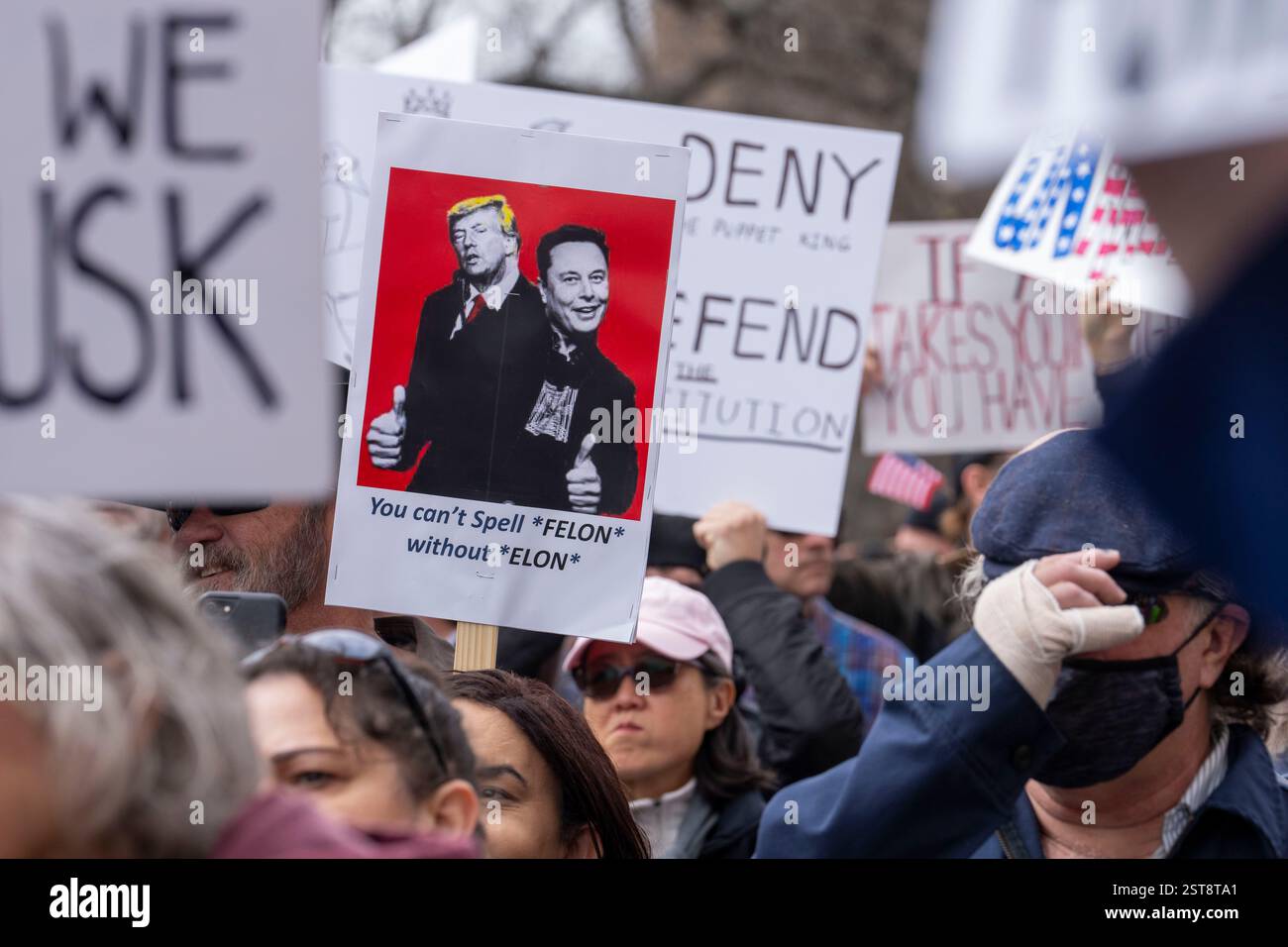 Austin, Texas USA, February 17 2025: Texans carrying homemade protest ...