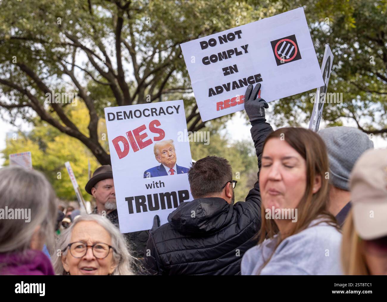 Austin, Texas USA, February 17 2025: Texans carrying homemade protest ...