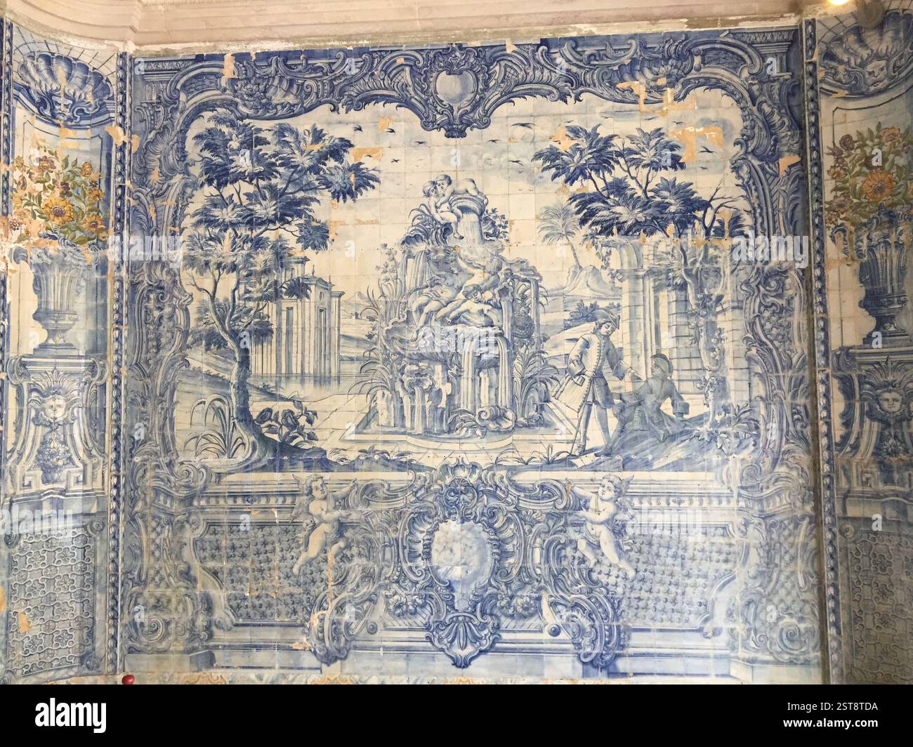 Azulejo tiles depicting a serene garden scene with intricate patterns ...