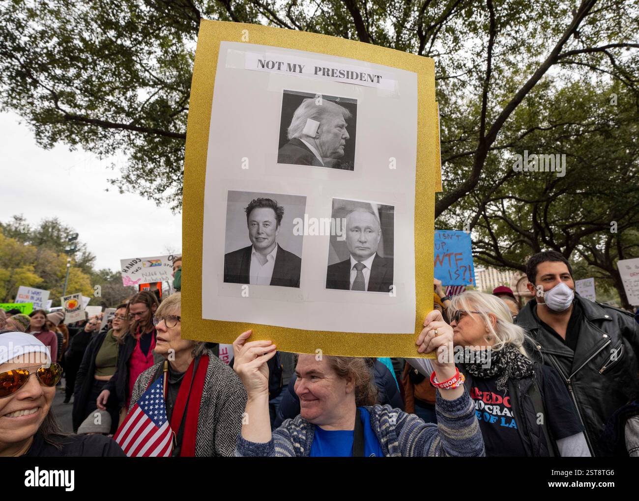 Austin, Texas USA, February 17 2025: Texans carrying homemade protest ...