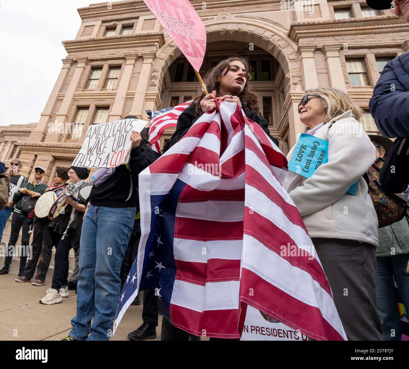 Austin, Texas USA, February 17 2025: Texans carrying homemade protest ...