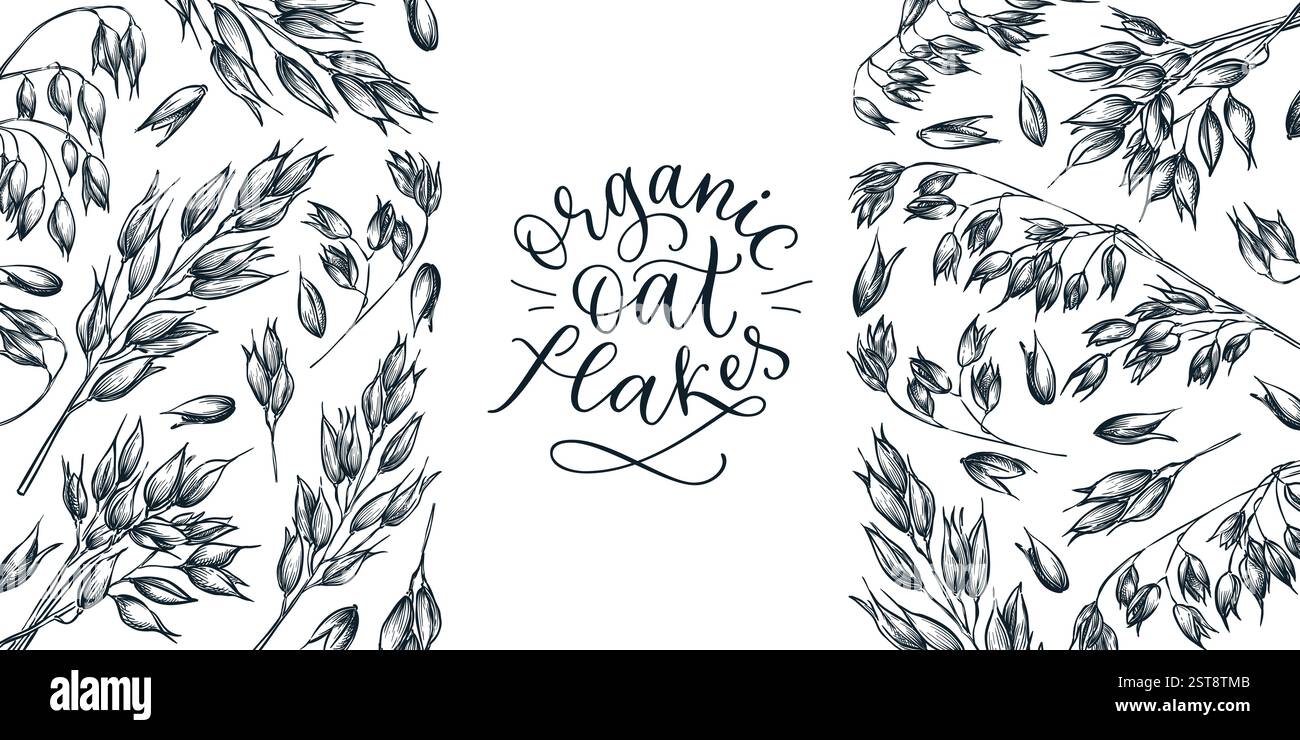 Label design template for organic oats flakes. Vector sketch vintage ...