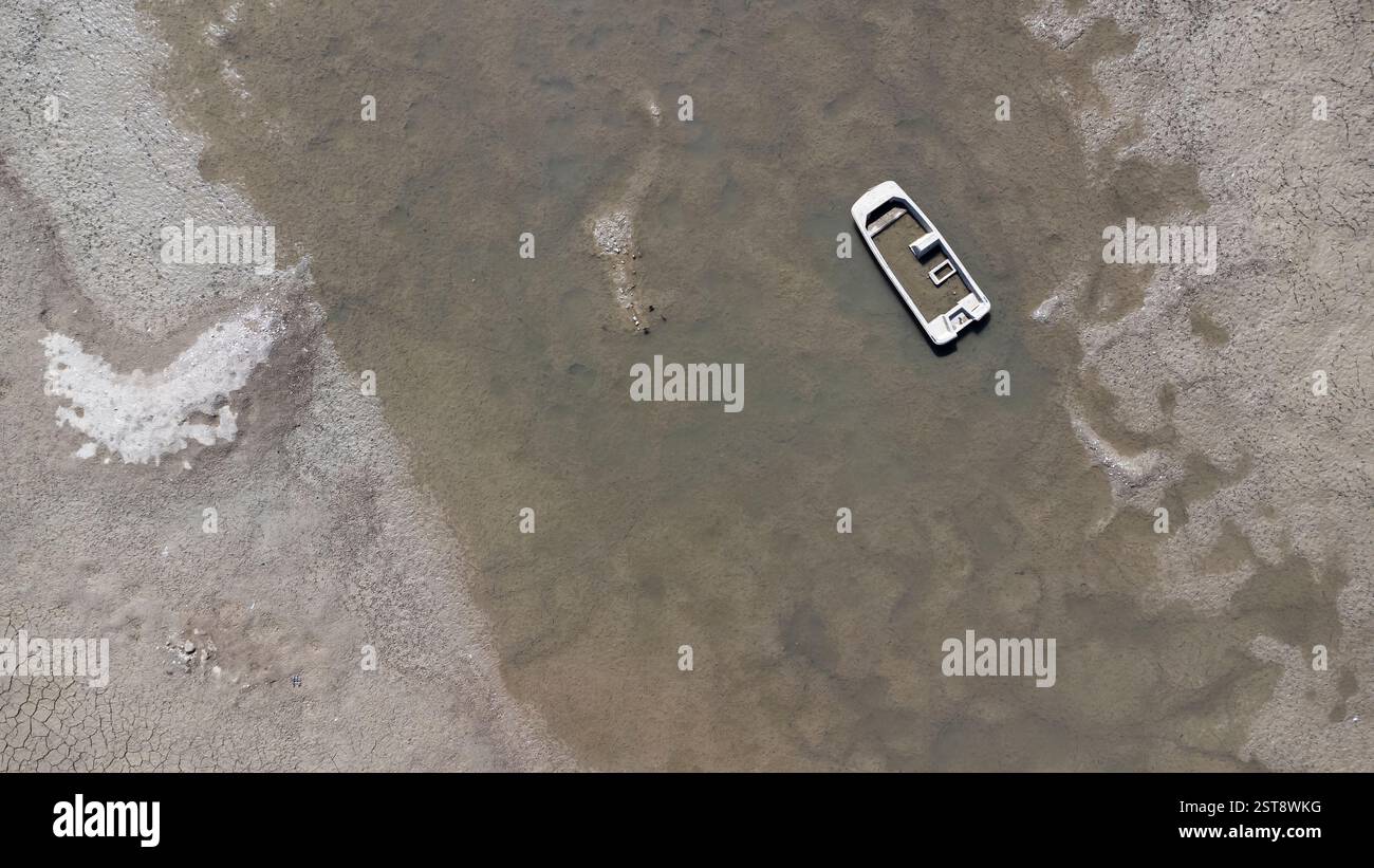 Lake drying up in the summer season of extreme weather and heating wave ...