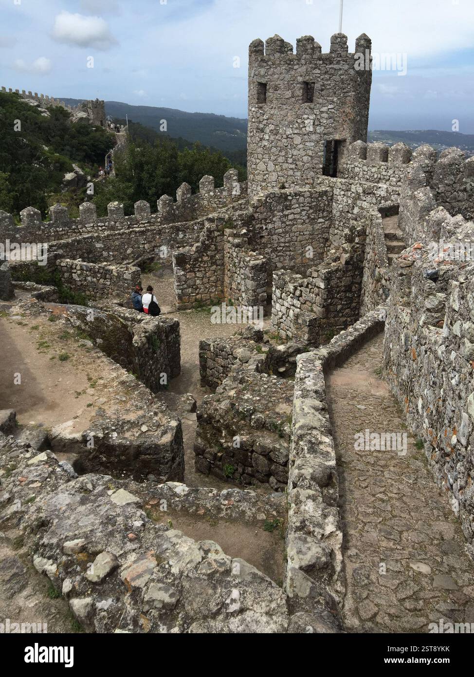 Sintra, Portugal. Medieval castle ruins. Stone walls, towers, cloudy ...