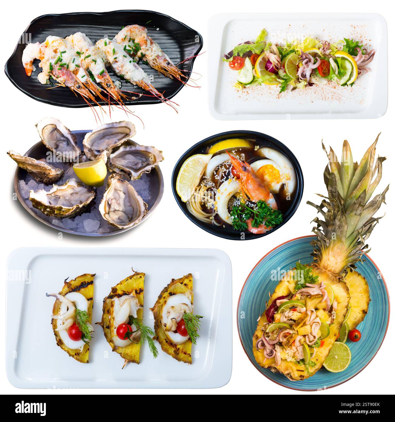 Plates of seafood on white background Stock Photo - Alamy
