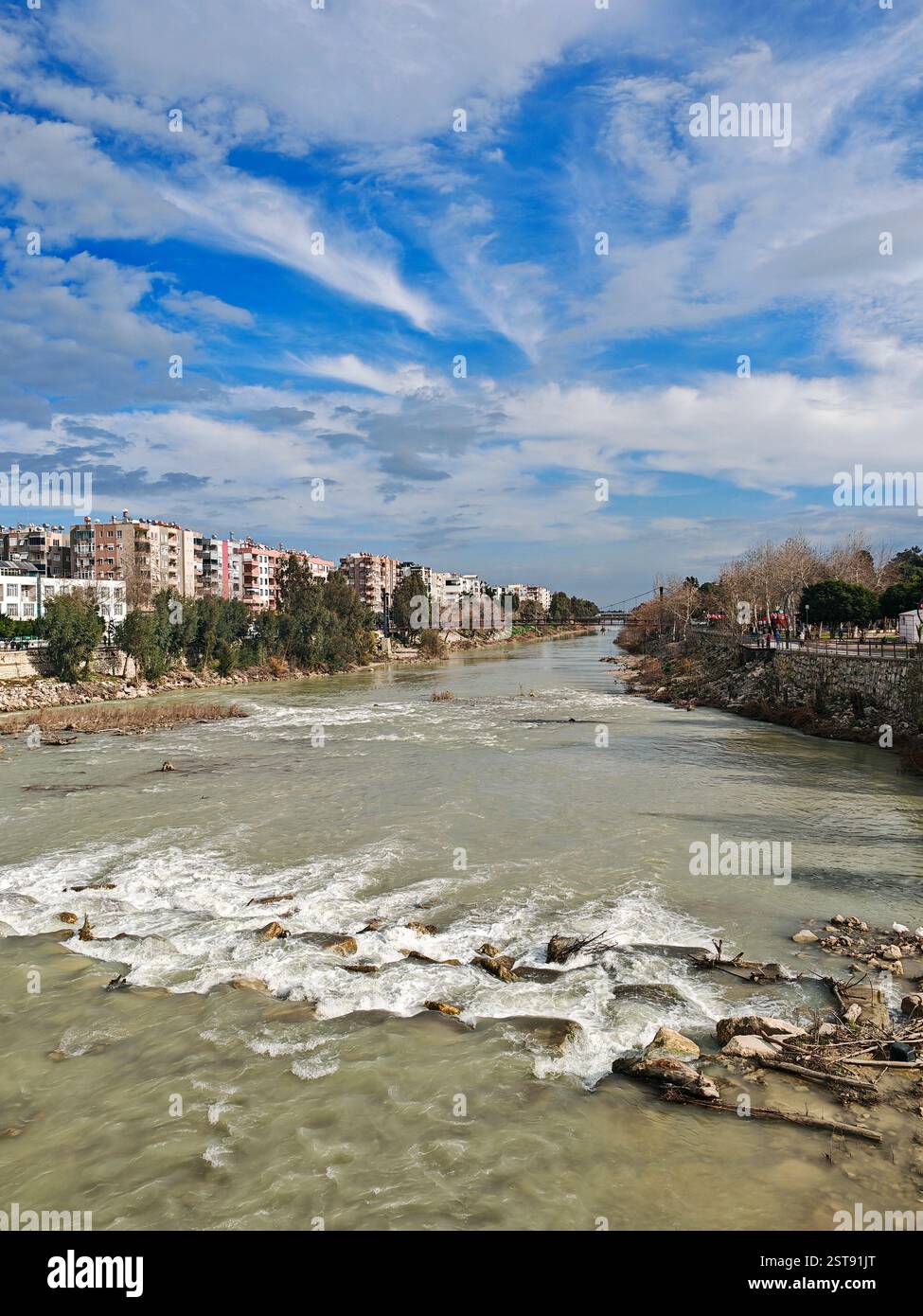 Goksu river from bridge with beautiful clouds and blue sky in Silifke ...