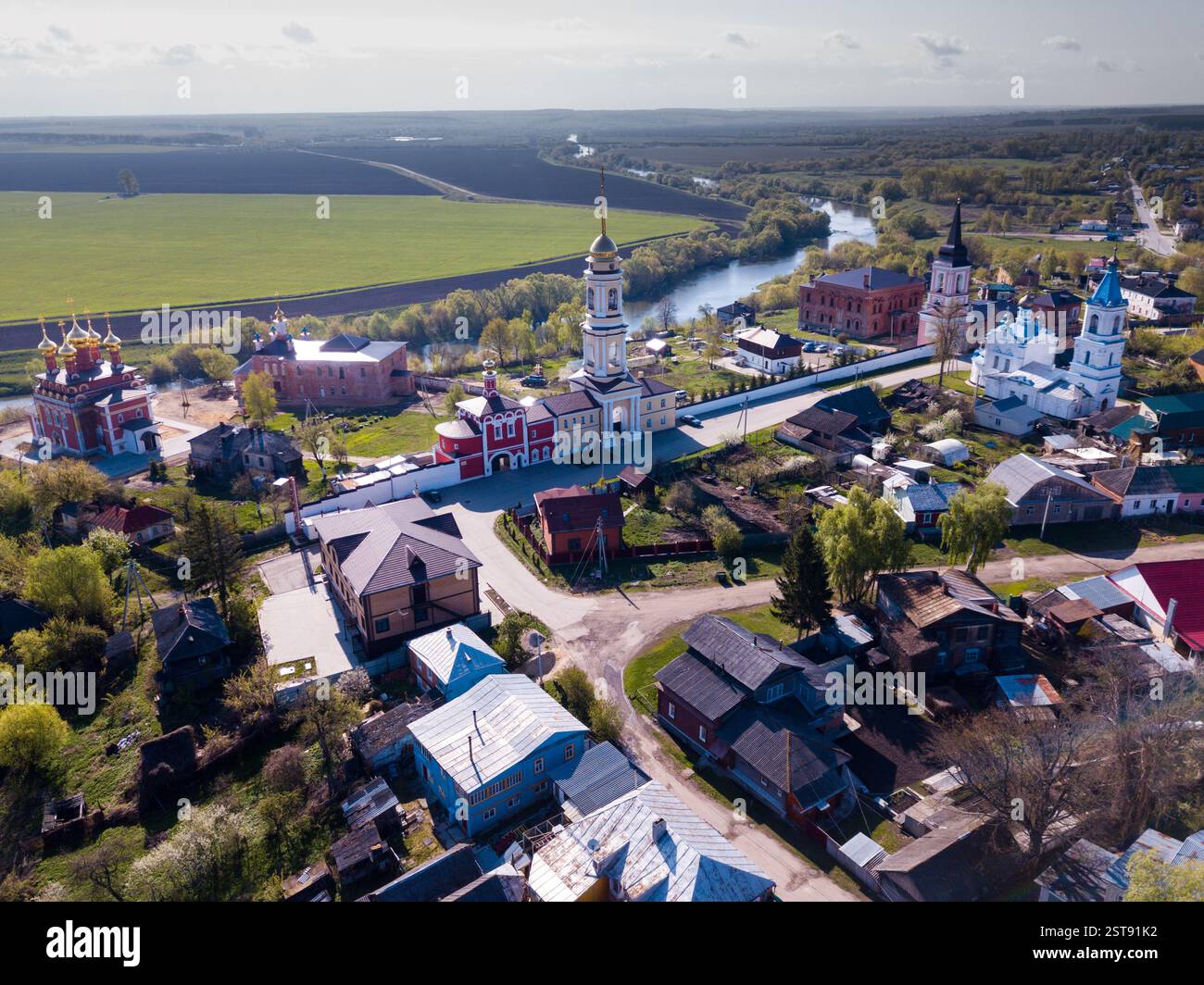 Aerial view of city of Belev with bulidings on riverside, Tula region ...