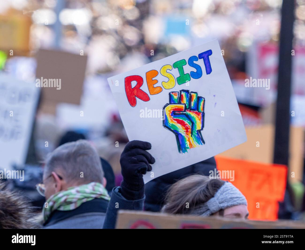 New York, New York, USA. 17th Feb, 2025. Among the crowd a sign reads ...