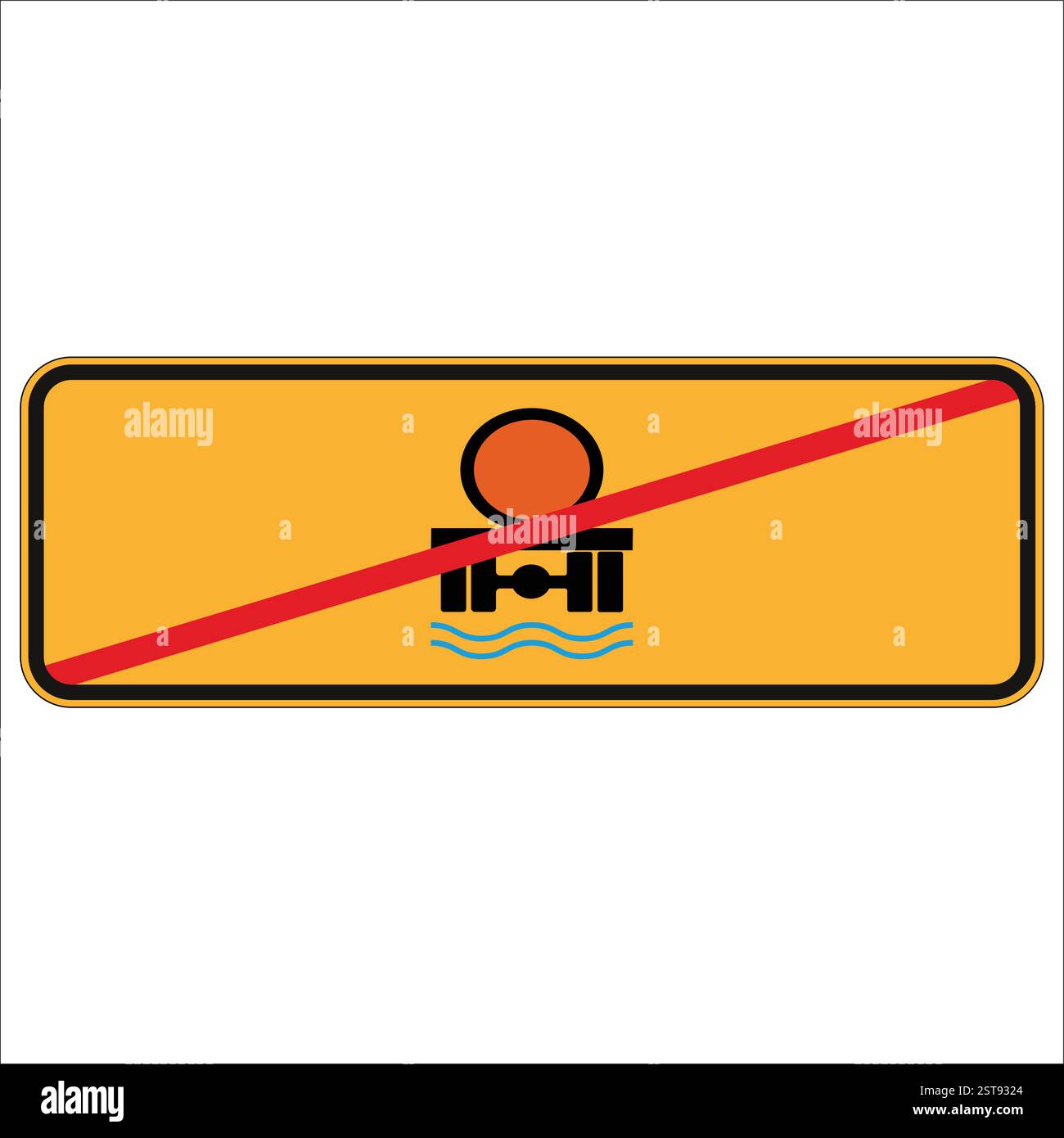 Yellow road sign with black frame and red diagonal bar prohibiting ...