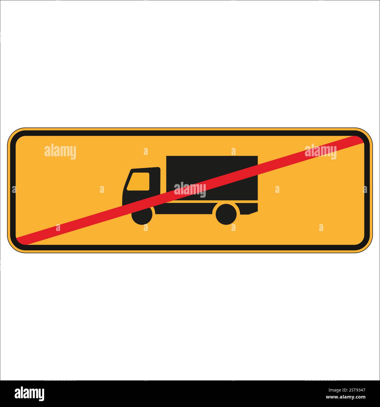 Yellow rectangular traffic sign showing a black truck crossed out by a ...