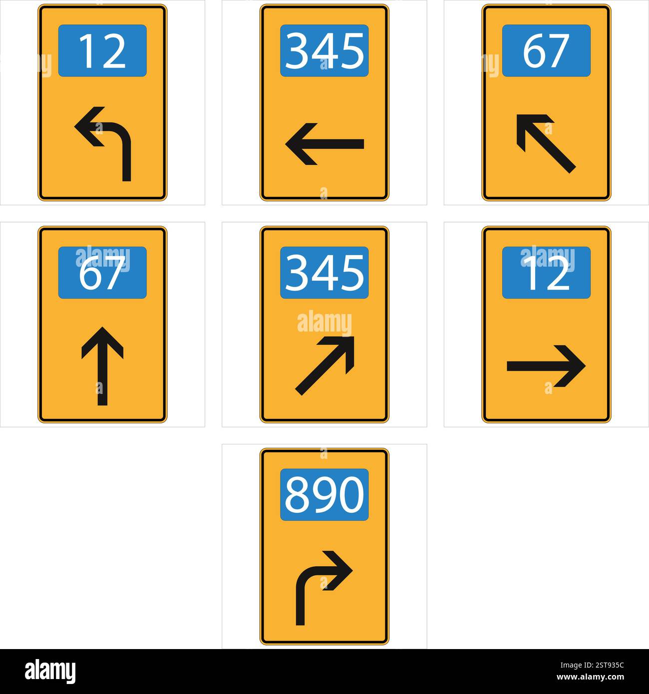 Multiple road signs indicating directions and route numbers Stock ...