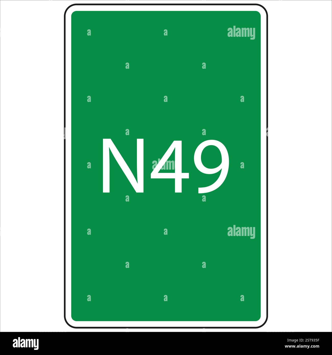 Close up of a bright green road sign showing the N49 marking a national road on a contrasting ...