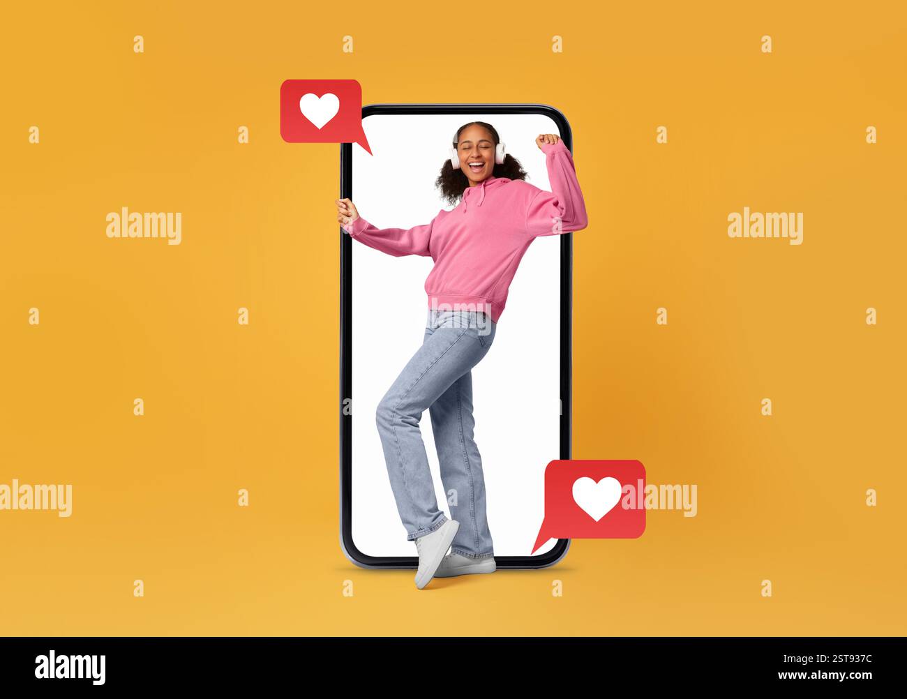 Tech-savvy individual celebrates love with smartphone in vibrant ...