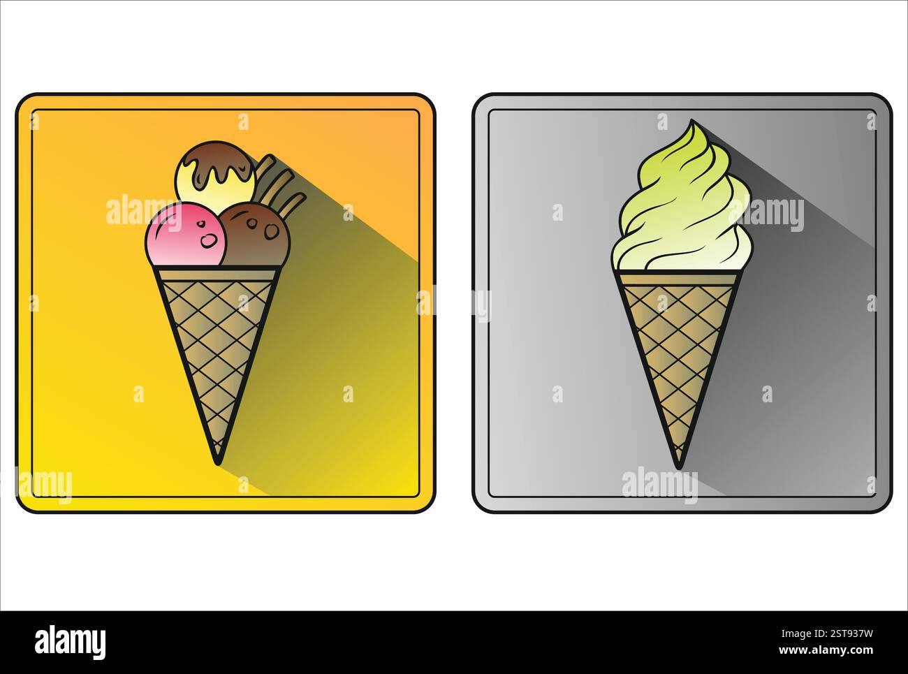 Two ice cream cones, one with three scoops of different flavors and ...