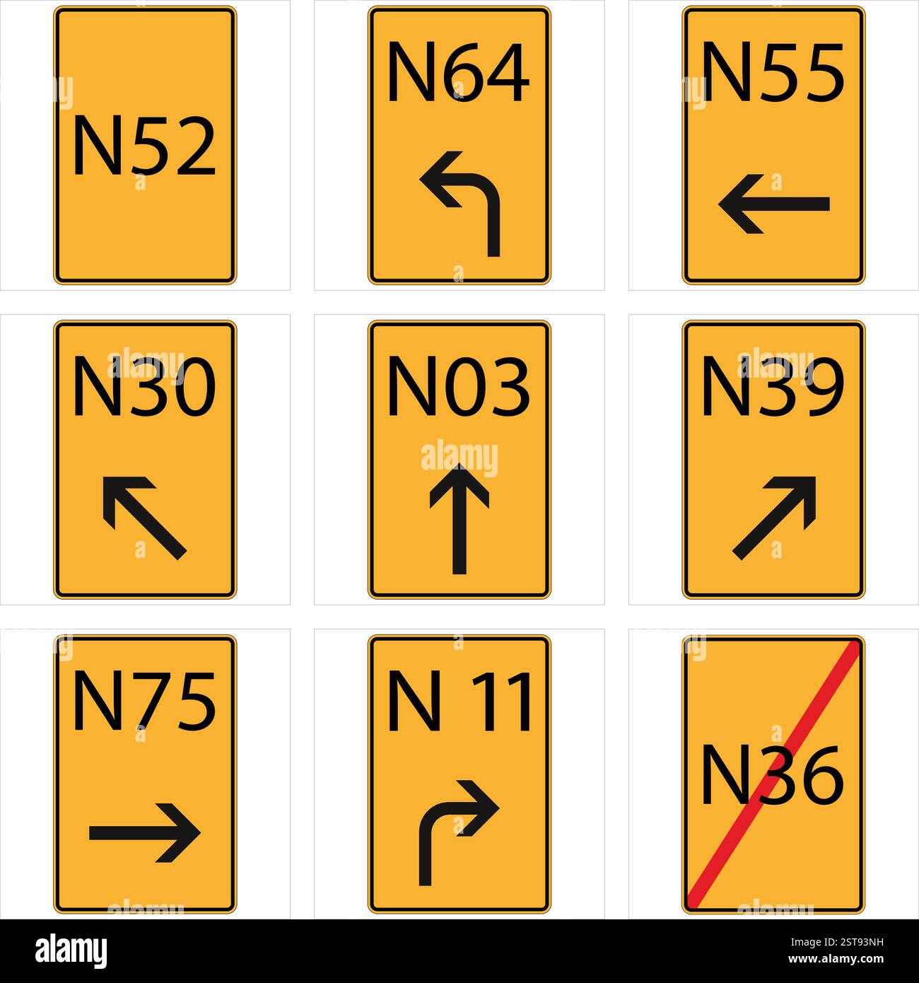 A set of yellow road signs showing route numbers and directional arrows to guide drivers along ...