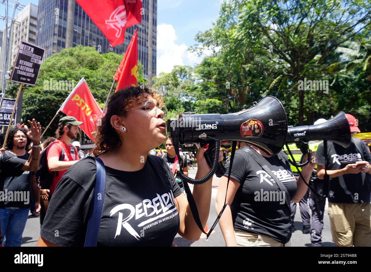 Labor activists demonstrate on Paulista Avenue in Sao Paulo, Brazil, on ...