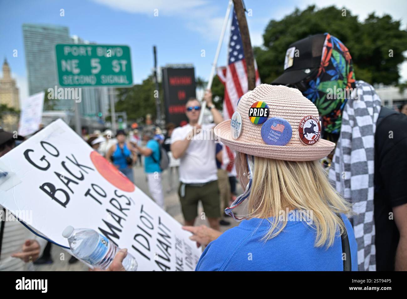 Miami, USA. 17th Feb, 2025. People protest against US President Donald ...