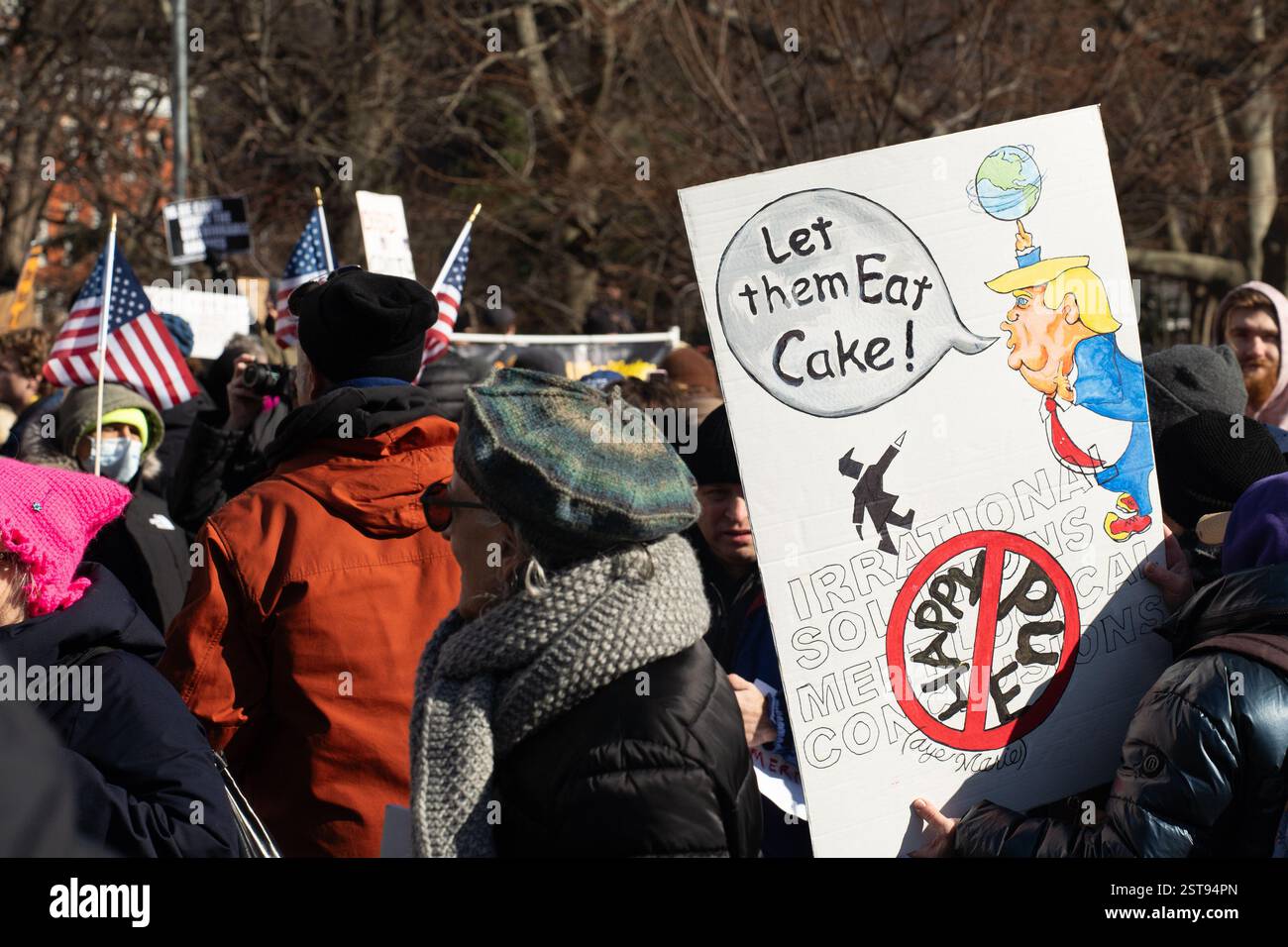 New York, United States. 17th Feb, 2025. A sign with an image of Donald ...