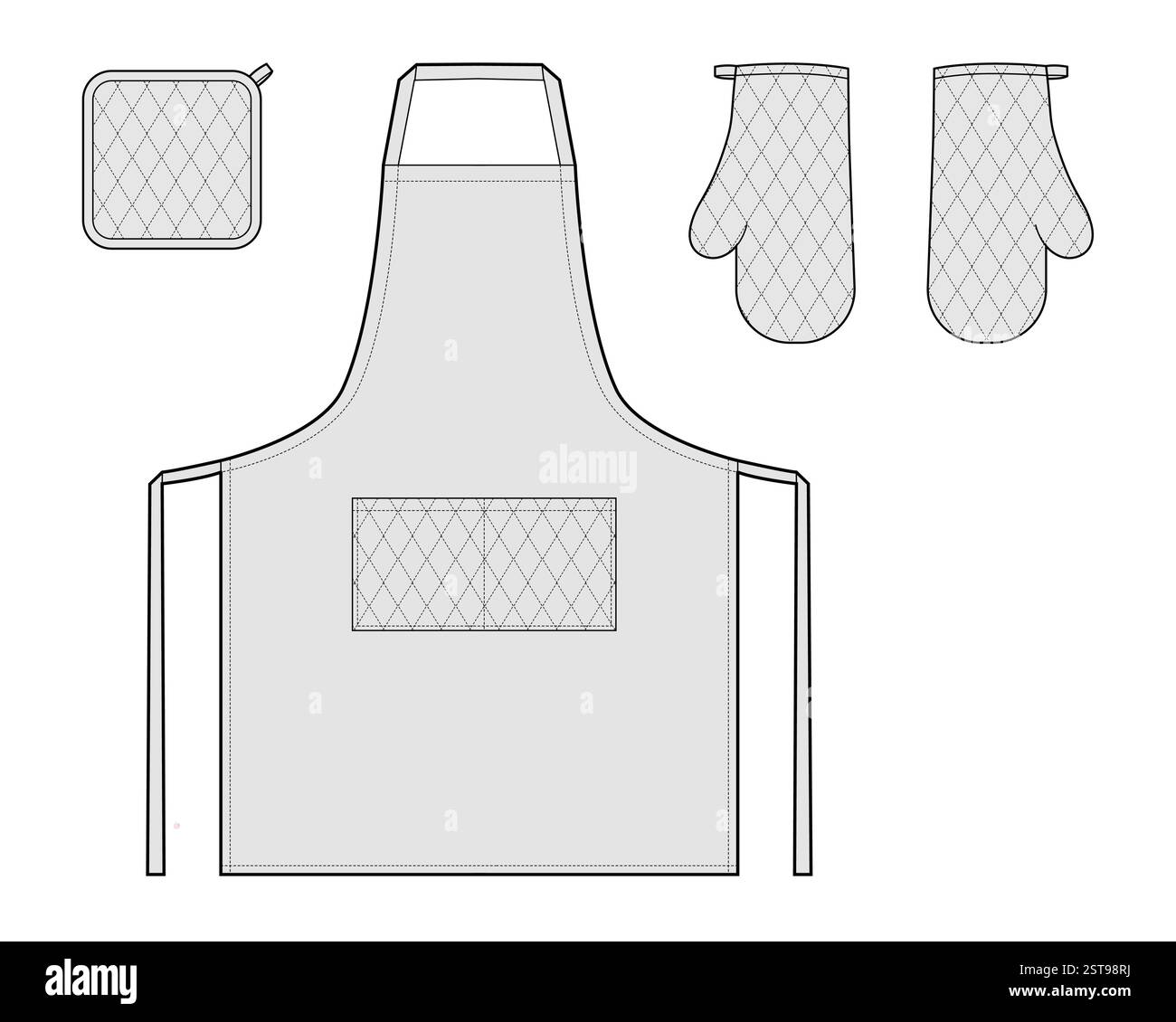 Set of Aprons, Oven Gloves and potholder technical fashion illustration ...