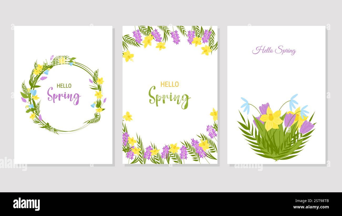 Hello Spring template poster or cards set. Tulips and daffodils ...