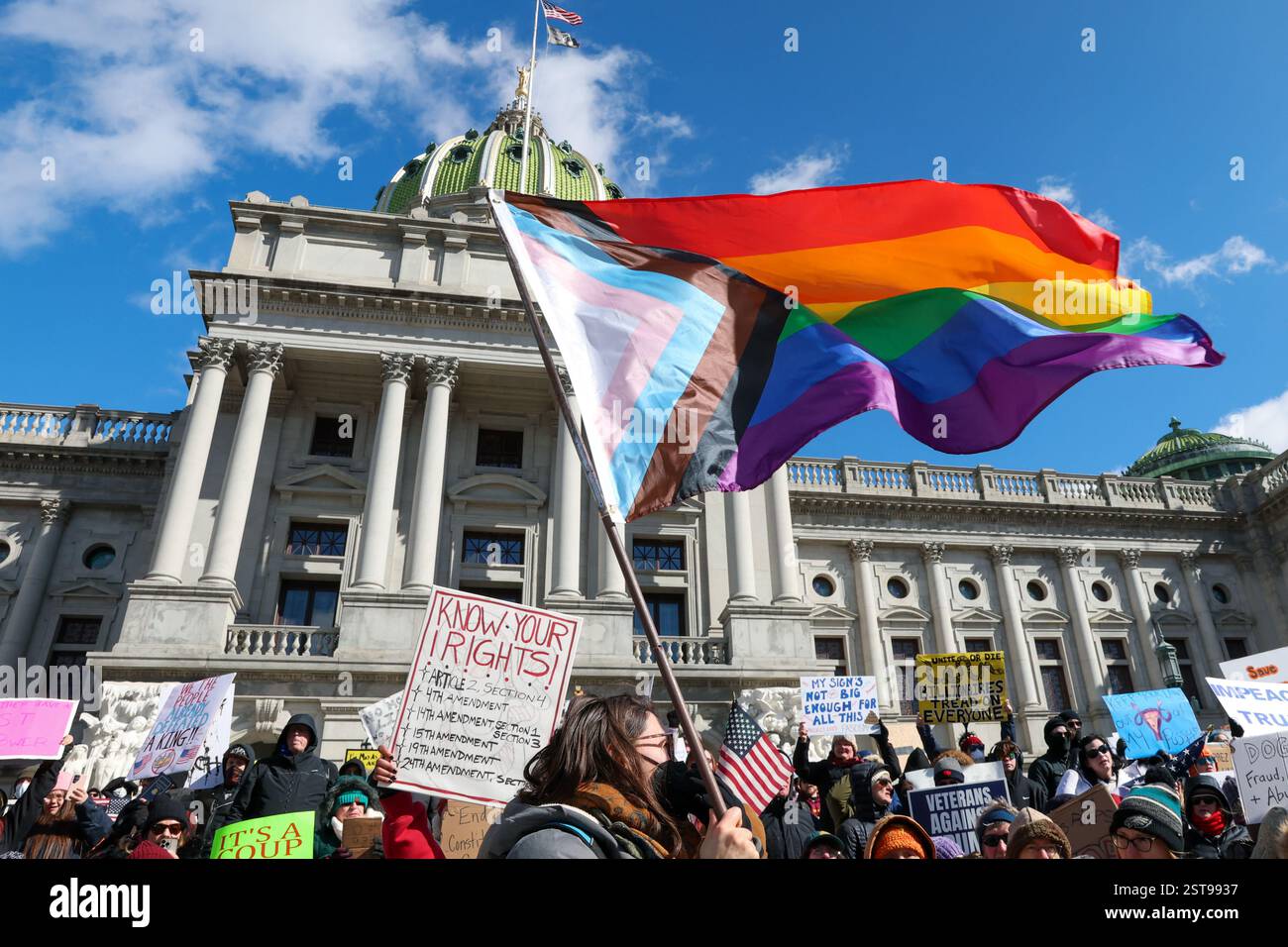 Harrisburg, United States. 17th Feb, 2025. People protesting the Trump ...