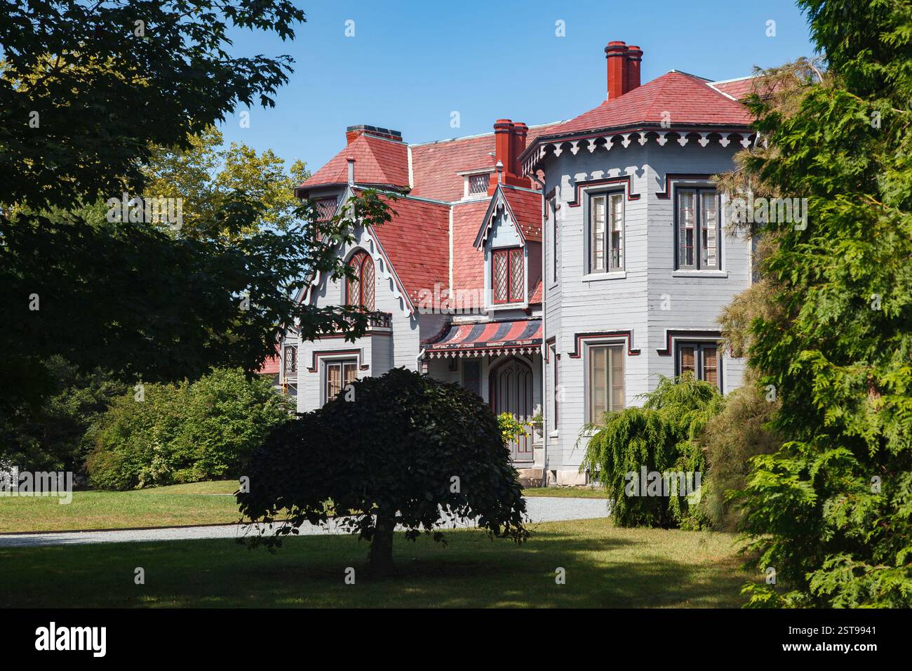 The Kingscote neo-gothic mansion ornate facade in Newport, Rhode Island ...