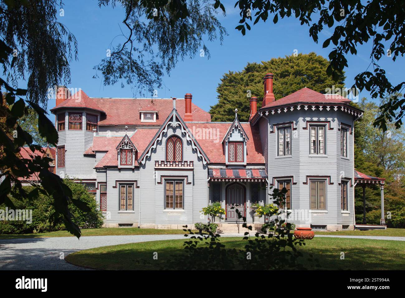 The Kingscote neo-gothic mansion ornate facade in Newport, Rhode Island ...