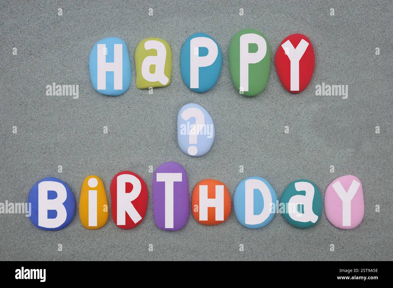 Happy Birthday with question mark composed with multi colored hand ...