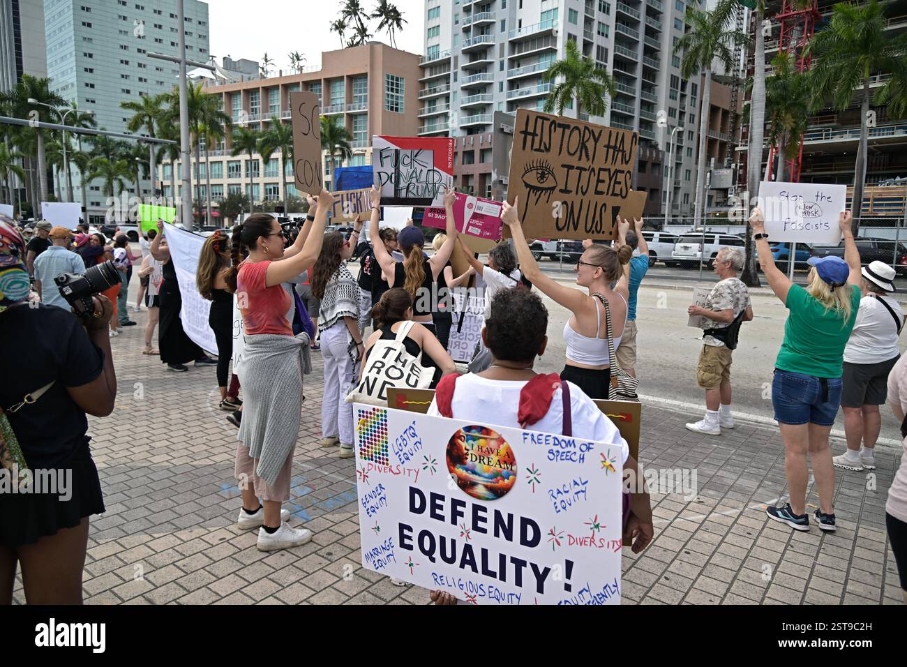 Miami, USA. 17th Feb, 2025. People protest against US President Donald ...