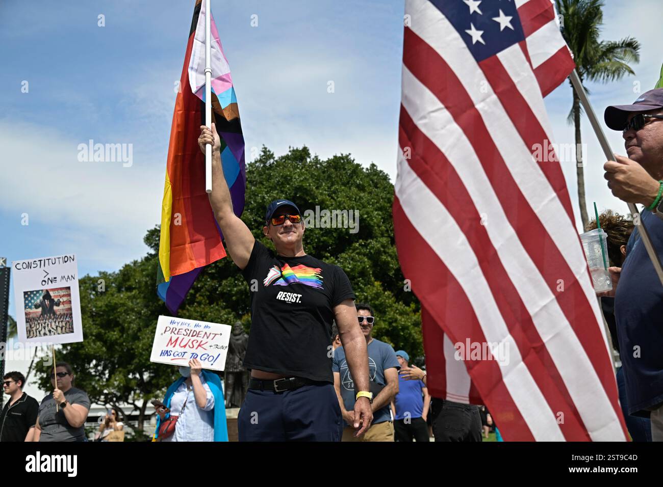 Miami, USA. 17th Feb, 2025. People protest against US President Donald ...