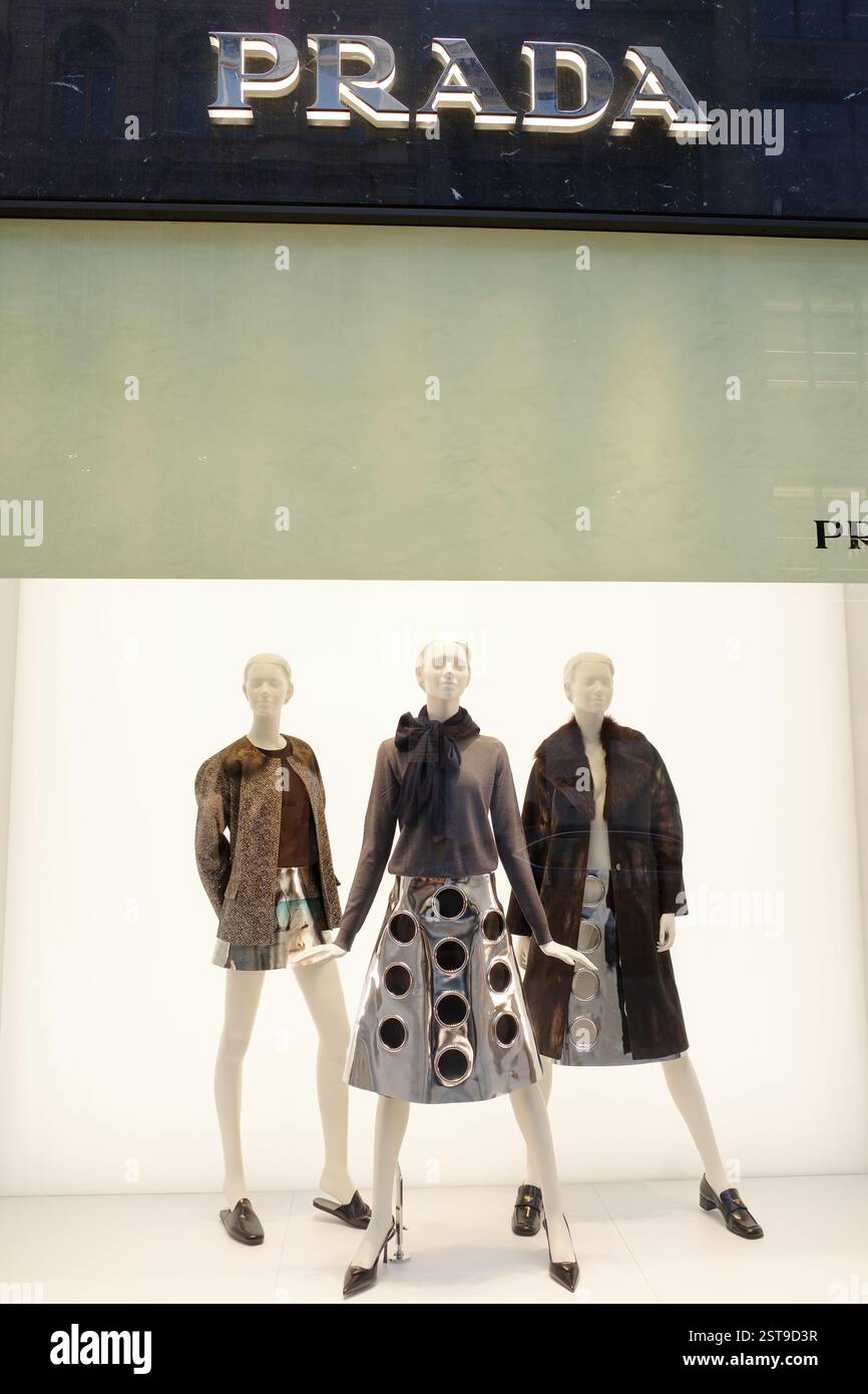 London, UK. 17th Feb, 2025. Prada brand signage and store window are ...