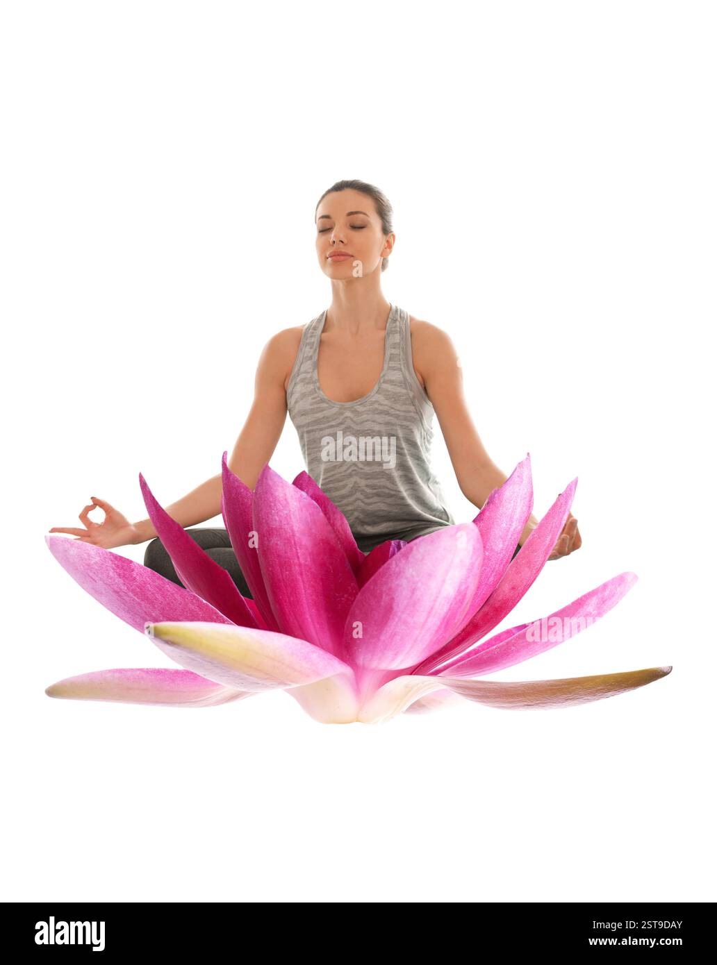 Woman meditating and beautiful lotus flower on white background ...