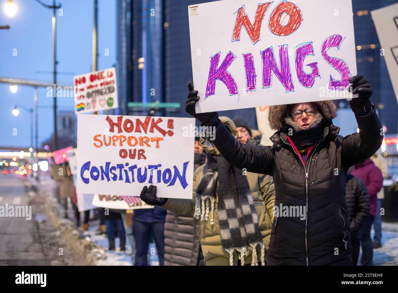 Detroit, Michigan, USA. 17th Feb, 2025. People say 'No Kings on Presidents Day' in response to ...
