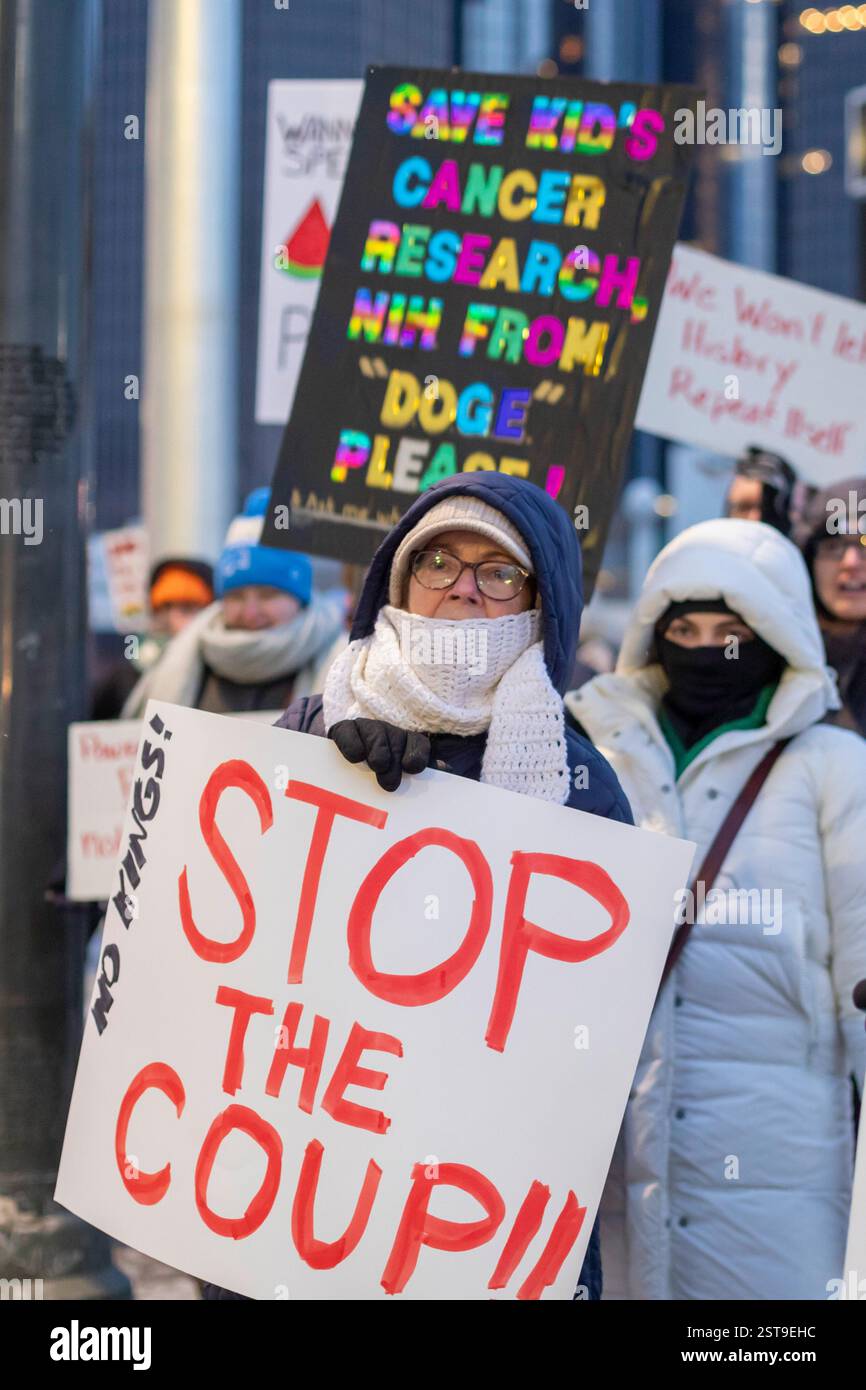 Detroit, Michigan, USA. 17th Feb, 2025. People say 'No Kings on Presidents Day' in response to ...