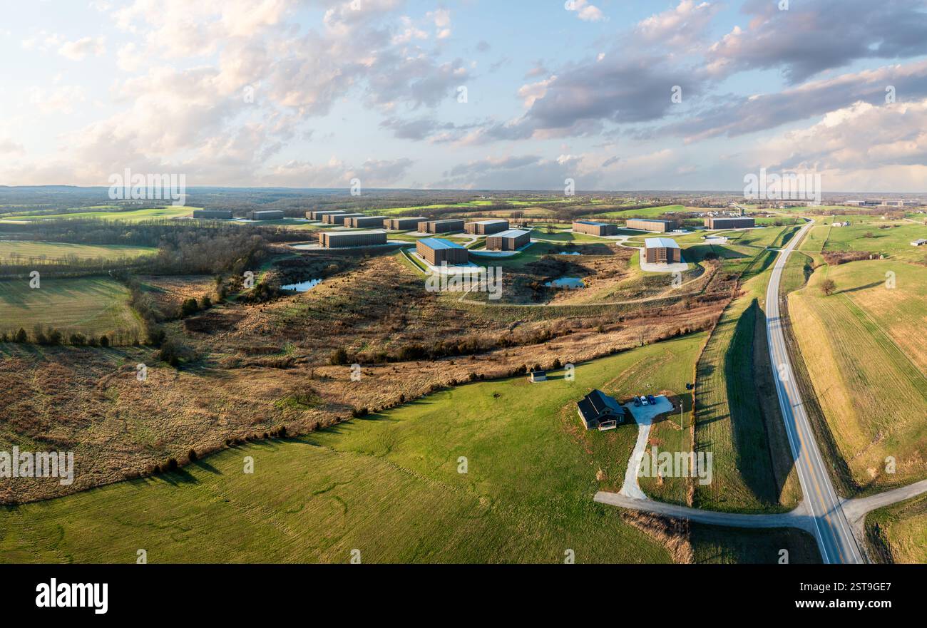 Aerial panoramic view of the bourbon storage facility of Heaven Hill ...