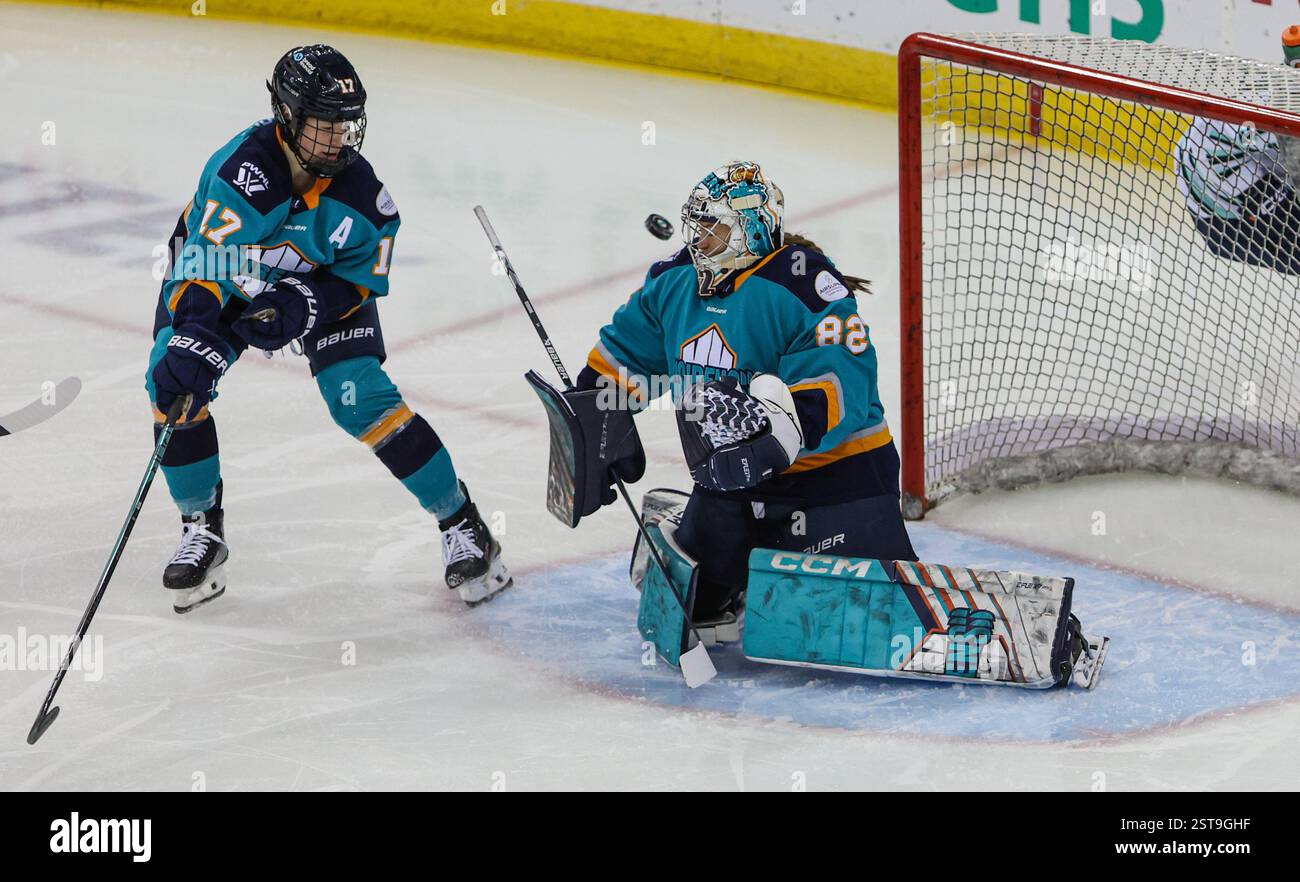 Newark, NJ, USA. 17th Feb, 2025. New York Sirens goalie Kayle Osborne ...