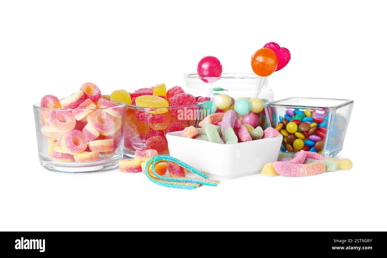Candy bar. Many different tasty sweets on white background Stock Photo ...