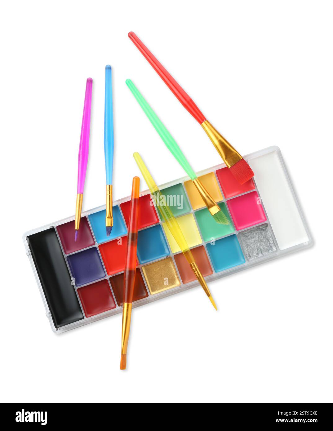 Bright face paint palette and brushes isolated on white, top view Stock ...