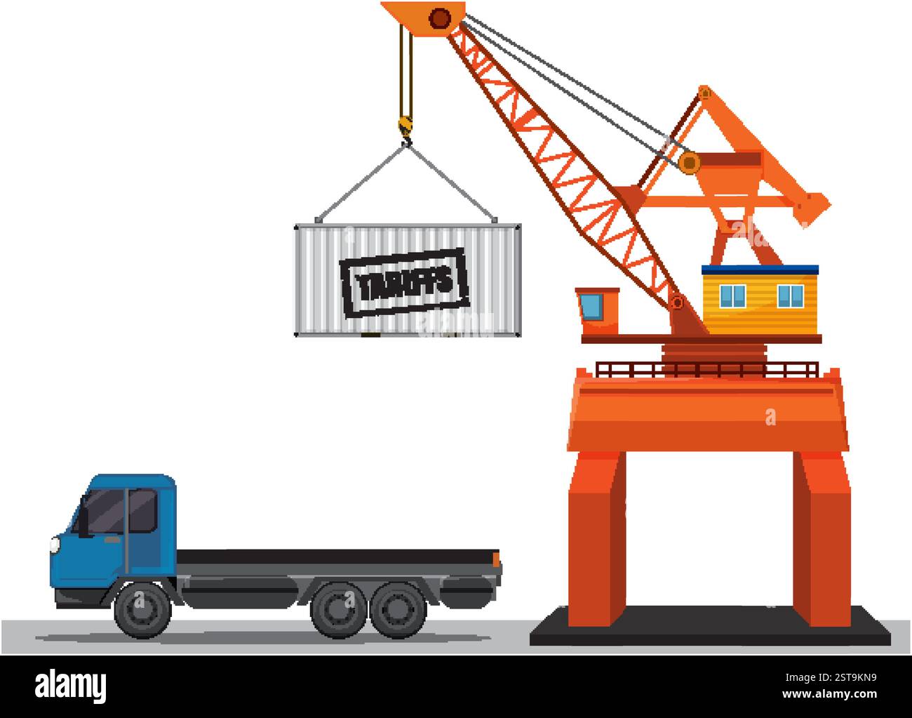 Crane lifting container labeled tariffs onto a truck Stock Vector Image ...