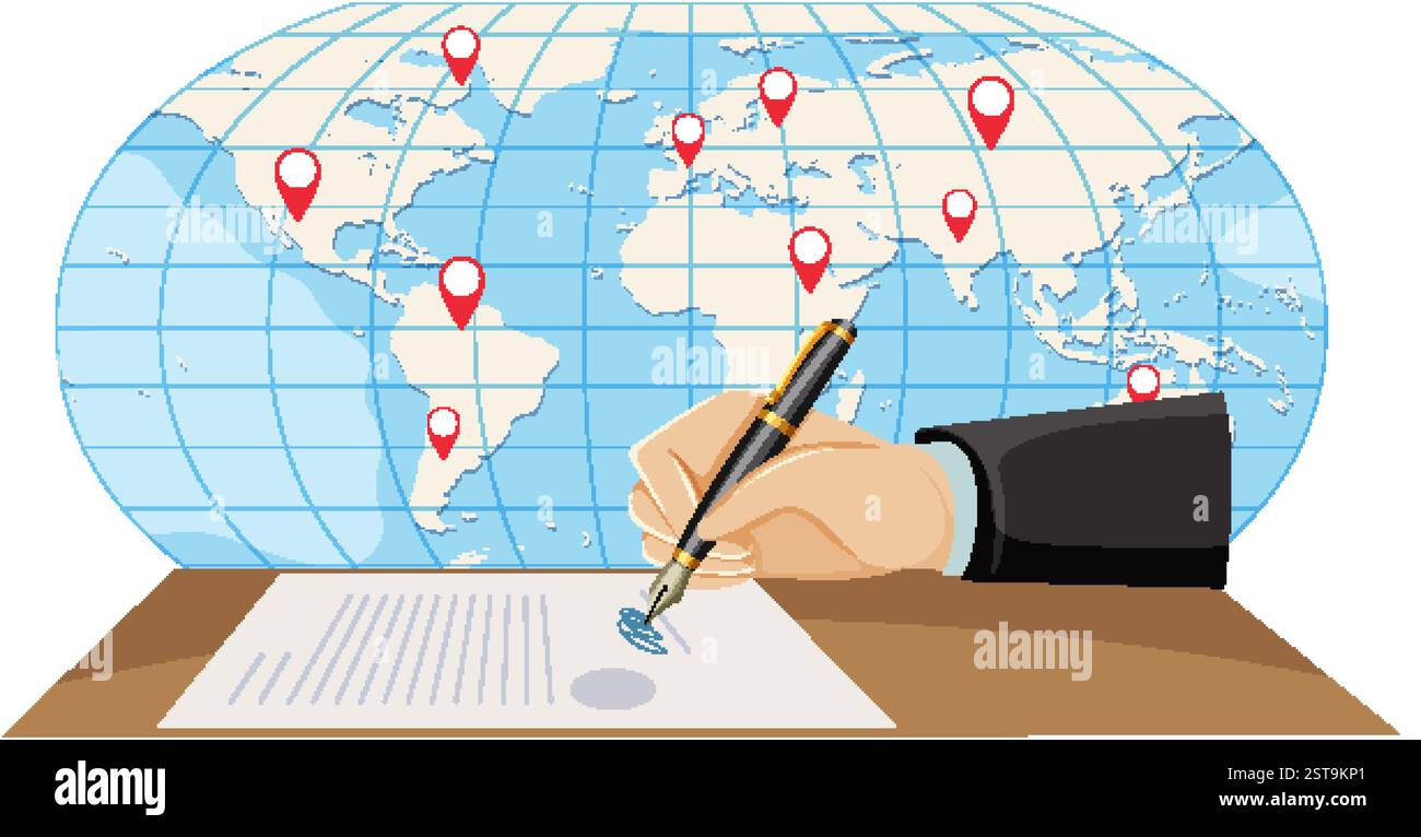 Hand signing document with world map background Stock Vector Image ...