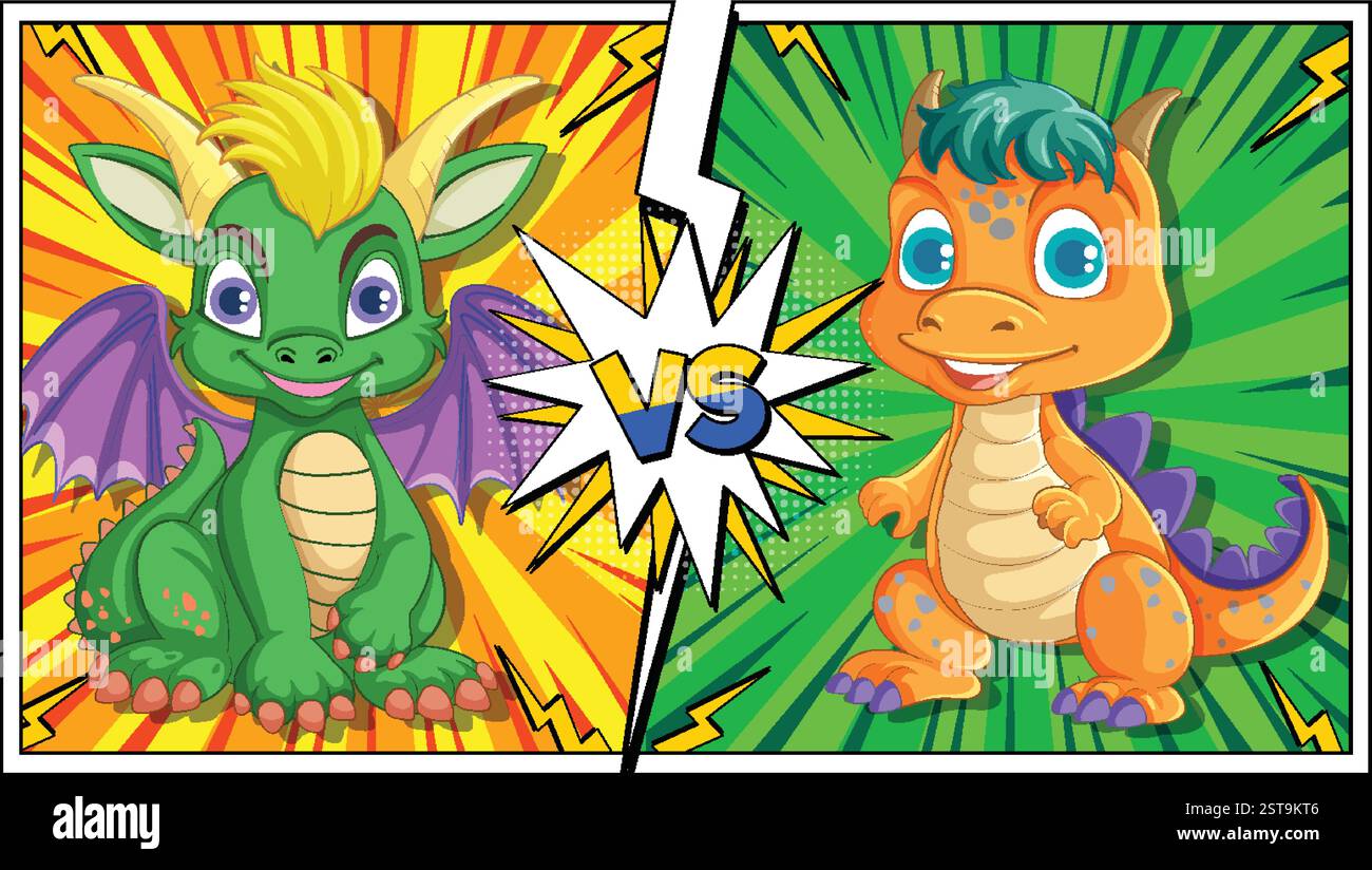 Two colorful dragons face off in a playful battle Stock Vector Image ...