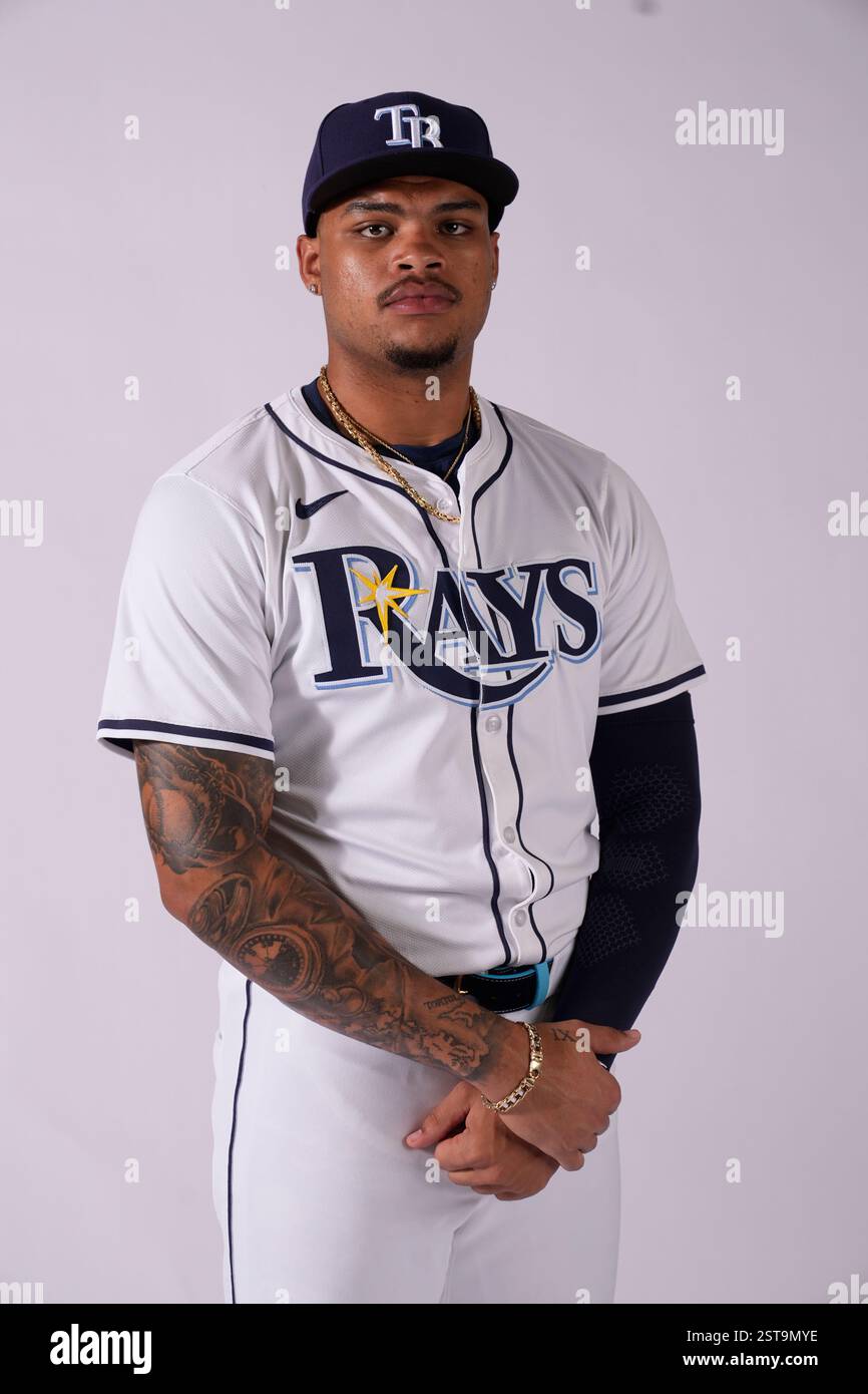 Tampa Bay Rays infielder Xavier Isaac poses for a portrait during photo day at the team's ...