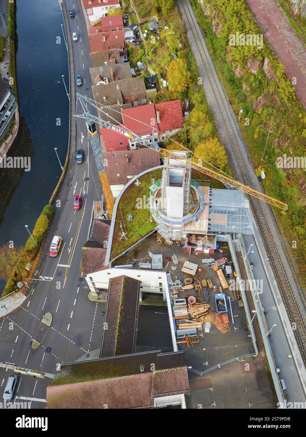 Aerial view of a construction site with construction crane and ...