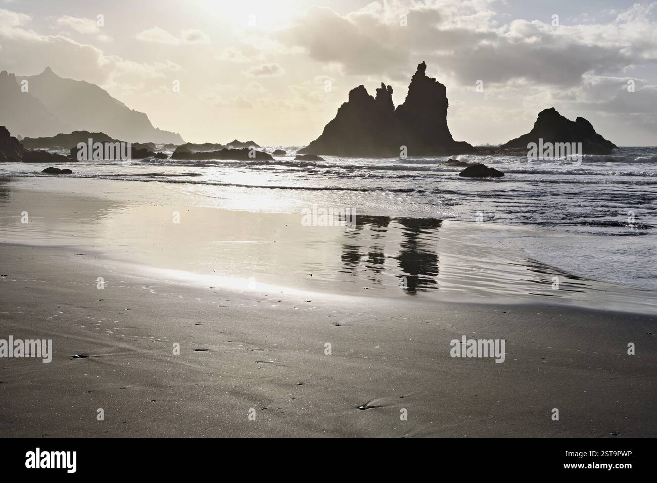 Dramatic clouds with rock formation on the beach of Playa de Benijo ...