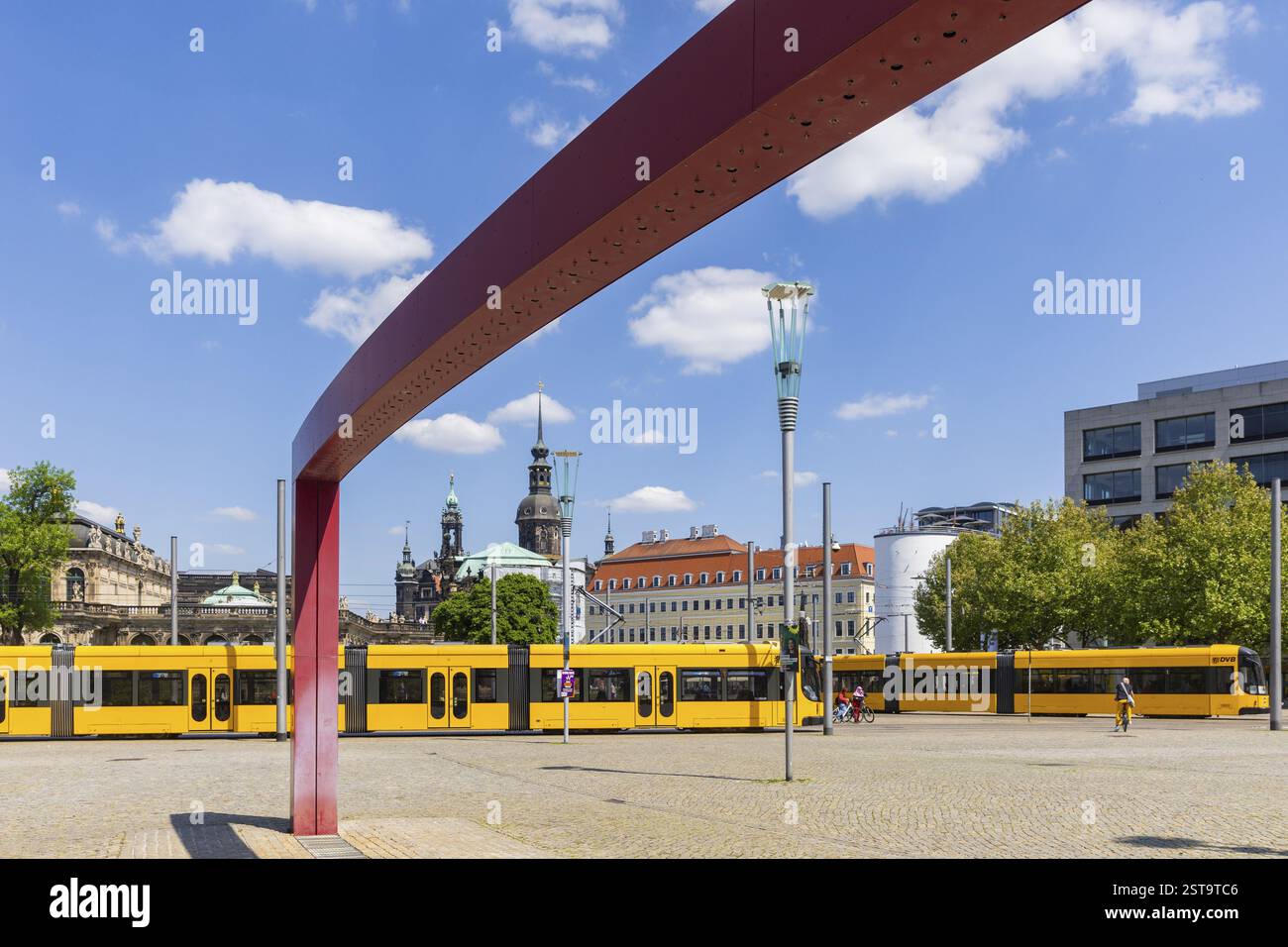 Yellow DVB tram train in the city centre of Dresden. at Postplatz ...