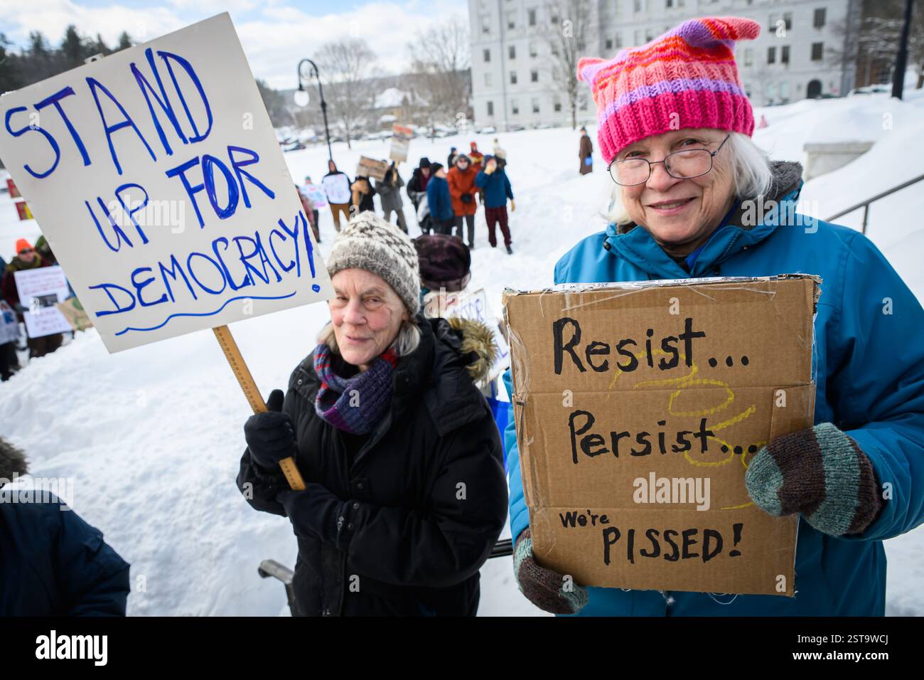 Demonstrators protest Trump administration policies during the Vermont ...