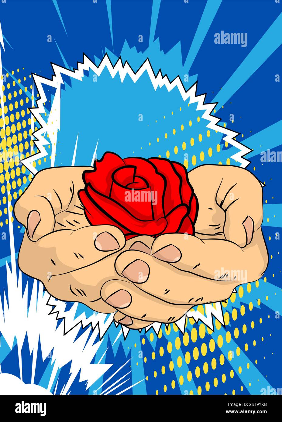 Cartoon, comic book human hands holding Red Rose. Retro vector comics ...
