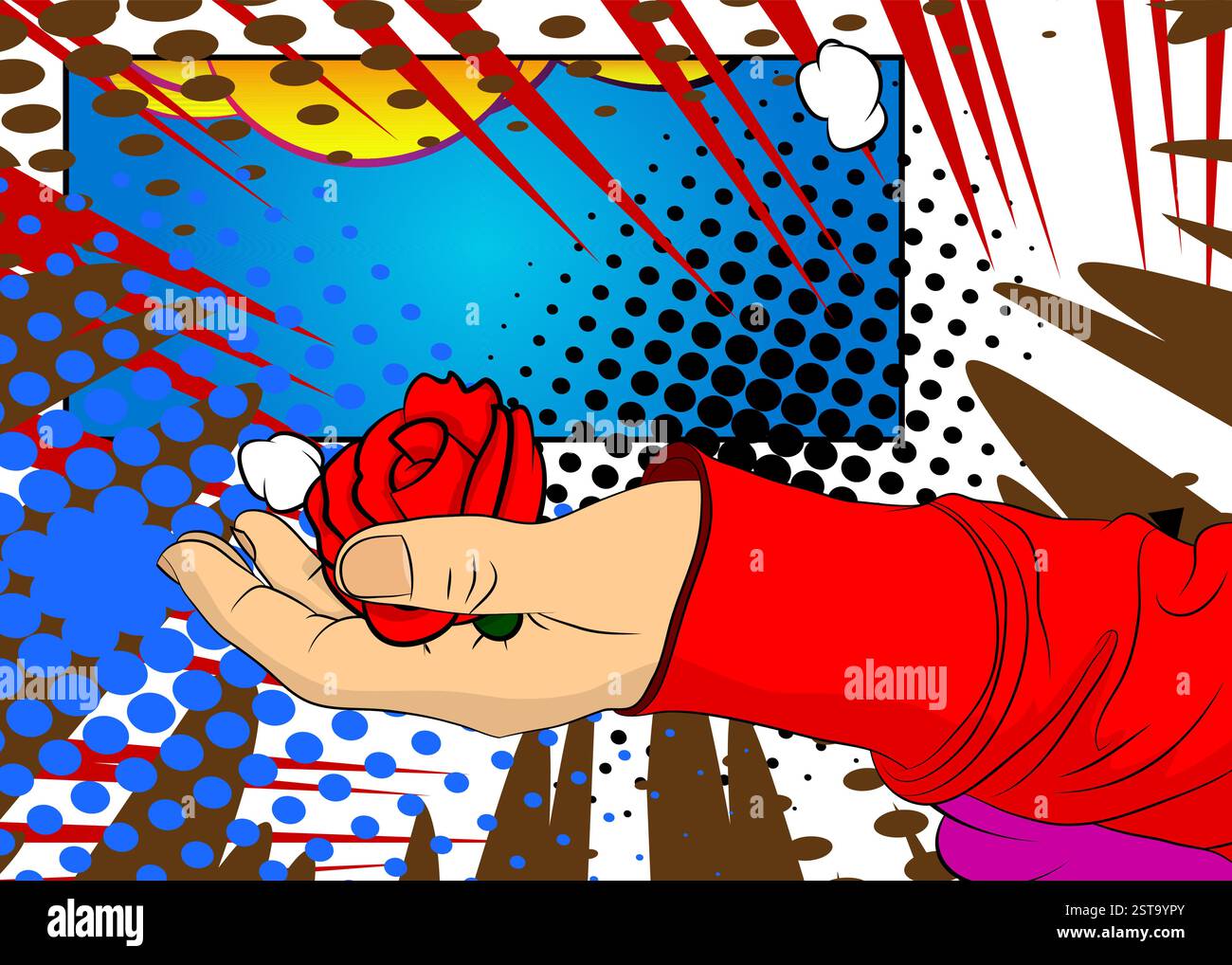 Cartoon, comic book human hands holding Red Rose. Retro vector comics ...